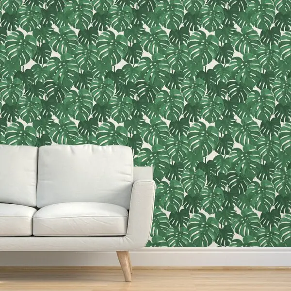 Spoonflower Monstera Cheese Plant Tropical Palms Custom Removable Wallpaper - Green