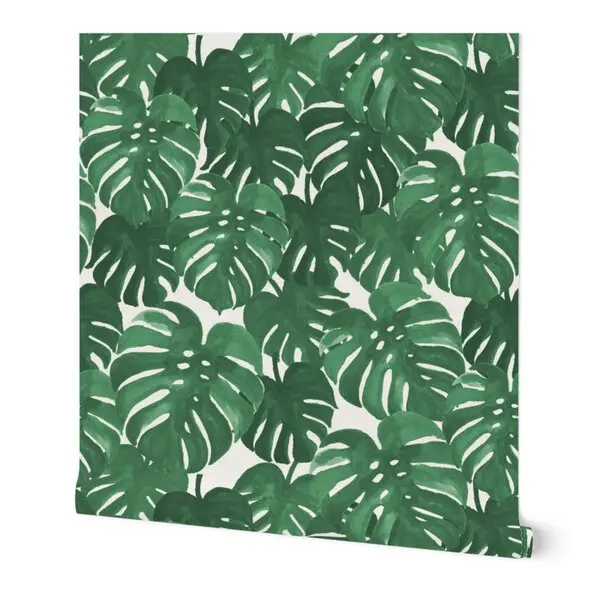Spoonflower Monstera Cheese Plant Tropical Palms Custom Removable Wallpaper - Green