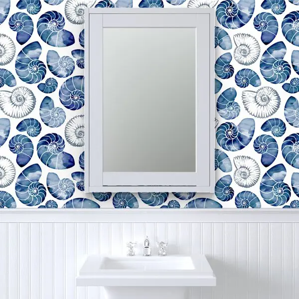 Spoonflower Nautilus Watercolor Shells Fossils Ammonite Custom Pre-pasted Wallpaper