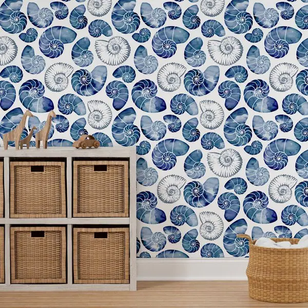 Spoonflower Nautilus Watercolor Shells Fossils Ammonite Custom Pre-pasted Wallpaper