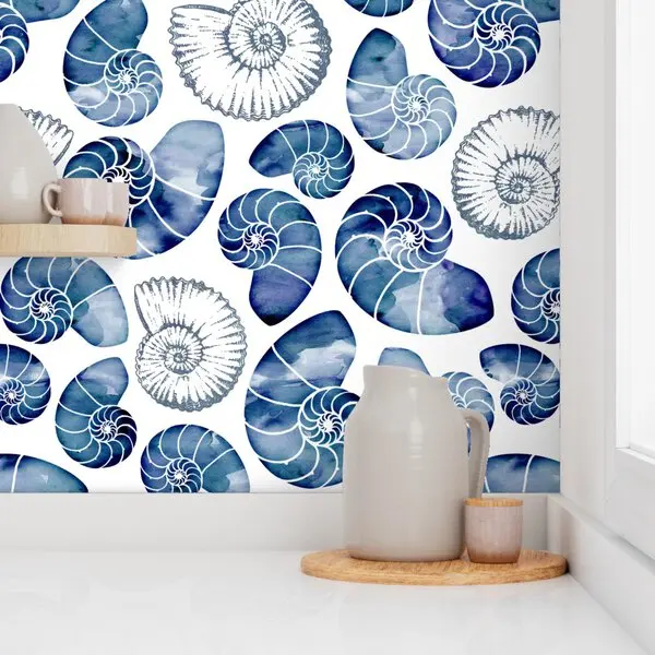 Spoonflower Nautilus Watercolor Shells Fossils Ammonite Custom Pre-pasted Wallpaper