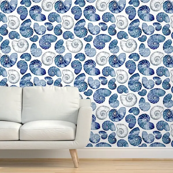 Spoonflower Nautilus Watercolor Shells Fossils Ammonite Custom Pre-pasted Wallpaper