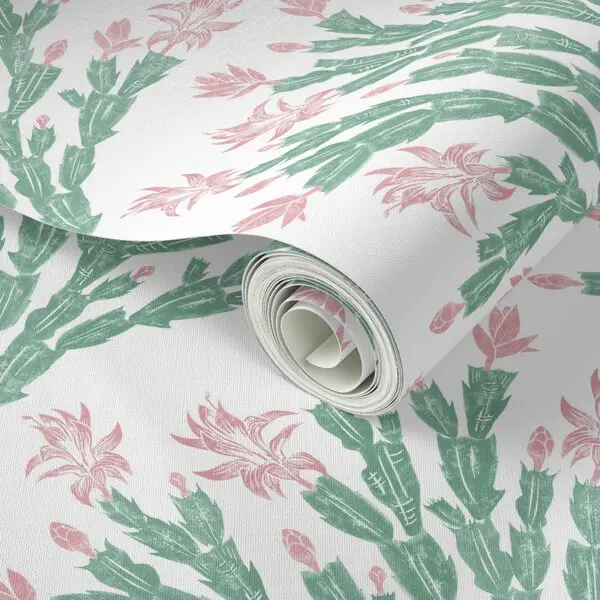 Spoonflower Pastel Easter Cactus Damask Christmas Blossom Custom Pre-pasted Wallpaper - Green,pink,mint