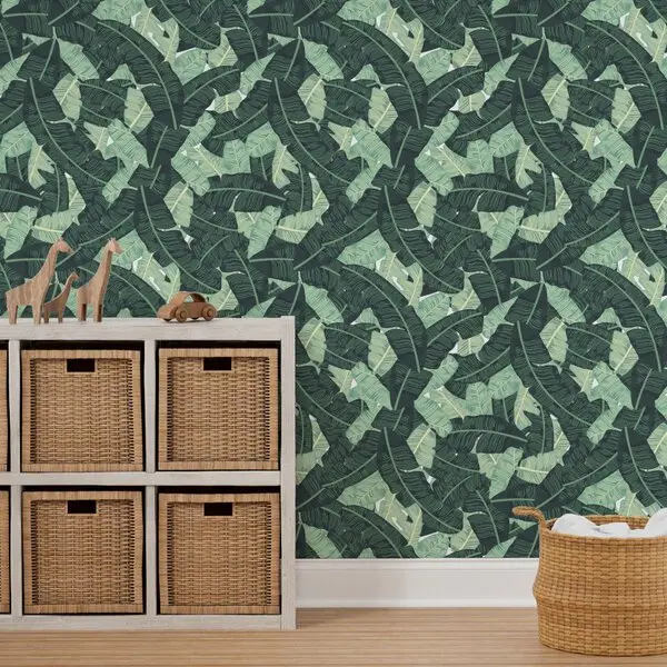 Spoonflower Leaves Preppy Leaf Palm Jungle Decor Custom Removable Wallpaper - Green