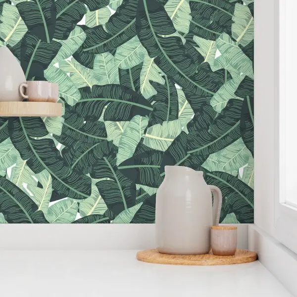 Spoonflower Leaves Preppy Leaf Palm Jungle Decor Custom Removable Wallpaper - Green