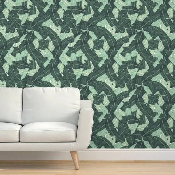 Spoonflower Leaves Preppy Leaf Palm Jungle Decor Custom Removable Wallpaper - Green