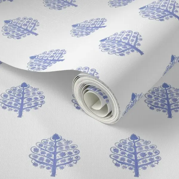 Spoonflower Bohemian Paisley Watercolor Block Blue White Tree Custom Removable Wallpaper - Blue,white,gray