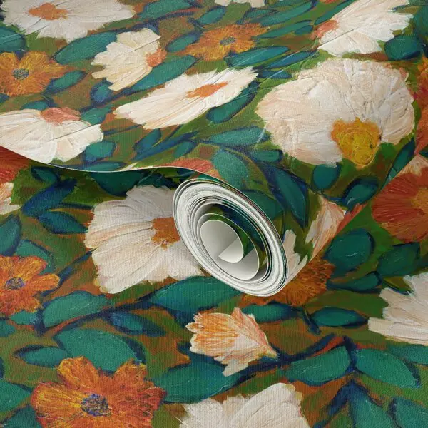 Spoonflower Rust Orange Floral Flower White Cream Teal Blue Custom Removable Wallpaper - Brown,green,beige
