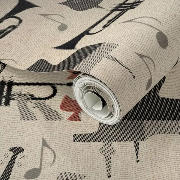 Spoonflower Village Jazz Music History Mid Century Retro Custom Pre-pasted Wallpaper - Brown,beige,gray