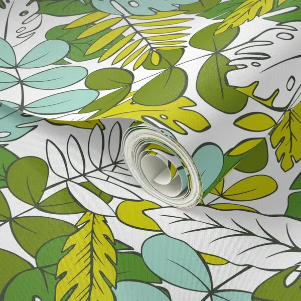 Spoonflower Jungle Tropical Leaves Foliage Green Modern Nature Custom Removable Wallpaper - Green,blue,mint