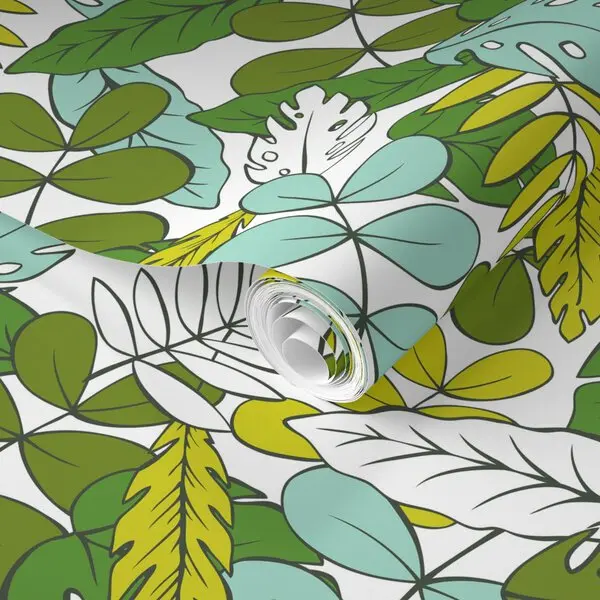 Spoonflower Jungle Tropical Leaves Foliage Green Modern Nature Custom Removable Wallpaper - Green,blue,mint