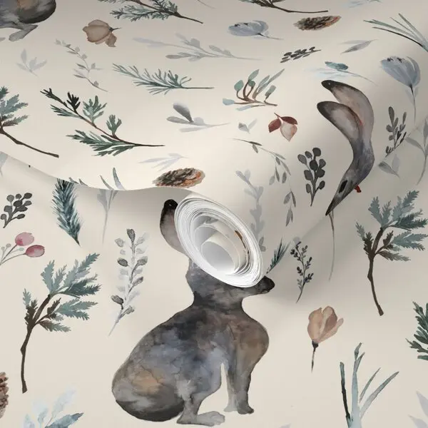 Spoonflower Woodland Bunnies White Floral Forest Bunny Spring Custom Pre-pasted Wallpaper - Gray,brown