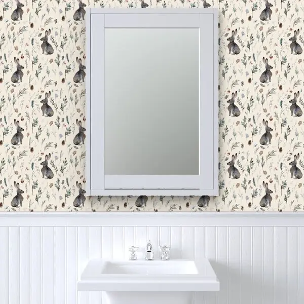 Spoonflower Woodland Bunnies White Floral Forest Bunny Spring Custom Pre-pasted Wallpaper - Gray,brown