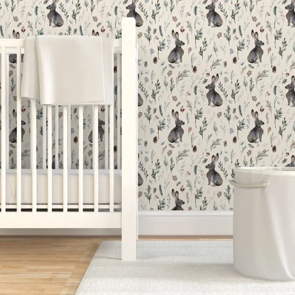 Spoonflower Woodland Bunnies White Floral Forest Bunny Spring Custom Pre-pasted Wallpaper - Gray,brown