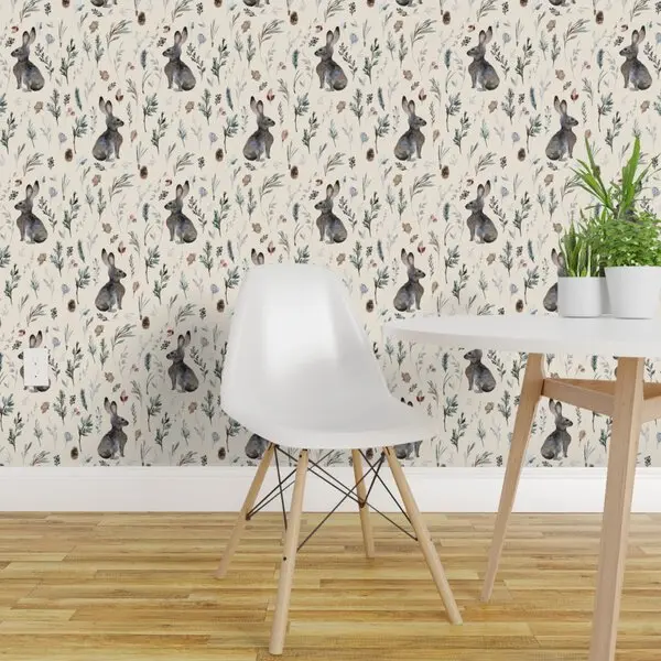Spoonflower Woodland Bunnies White Floral Forest Bunny Spring Custom Pre-pasted Wallpaper - Gray,brown