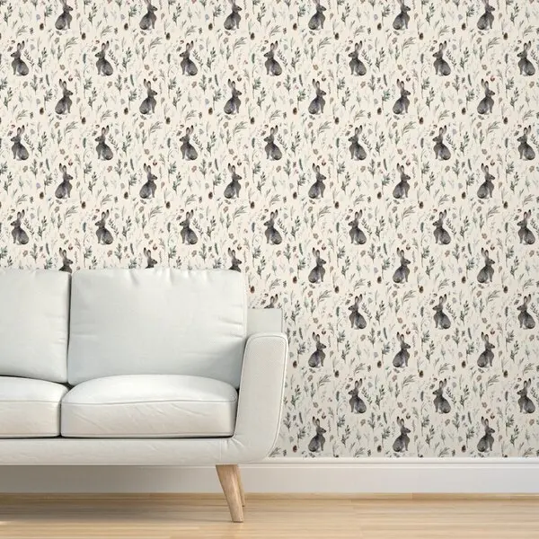Spoonflower Woodland Bunnies White Floral Forest Bunny Spring Custom Pre-pasted Wallpaper - Gray,brown