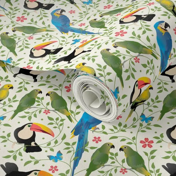 Spoonflower Nature Birds Animals Tropical Toucan Parrot Custom Pre-pasted Wallpaper - Green,blue