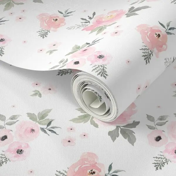 Spoonflower Sweet Blush Roses Shabby Chic Pale Pink Floral Custom Removable Wallpaper - Pink,green,gray