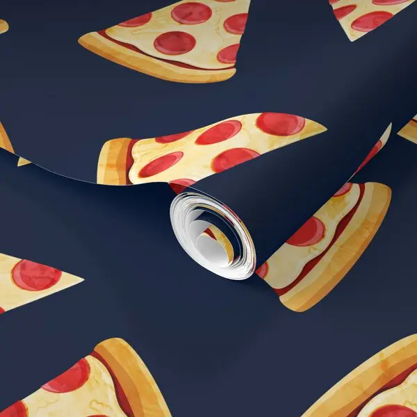 Spoonflower Navy Junk Food Pizza Fast Little Arrow Slice Custom Removable Wallpaper - Orange,blue,red