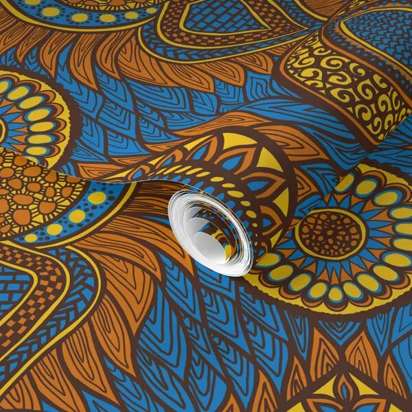 Spoonflower Blue Africa Inspired Art Traditional Colorful Custom Removable Wallpaper - Blue,brown,gray