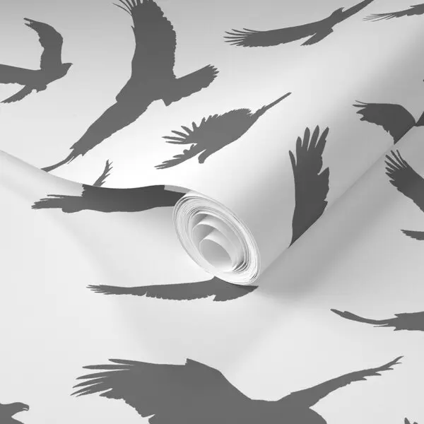 Spoonflower Birds Feathers Wings Flight Custom Pre-pasted Wallpaper - Gray,white