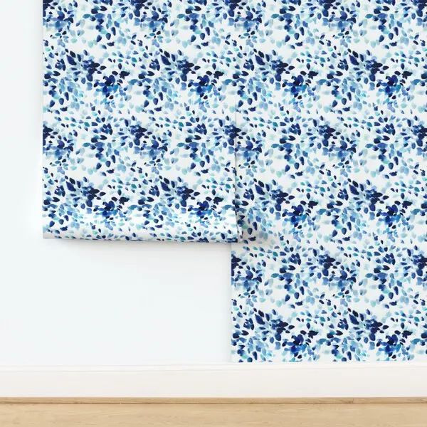 Spoonflower Sunburst Abstract Leaves Navy Watercolor Custom Pre-pasted Wallpaper - Blue