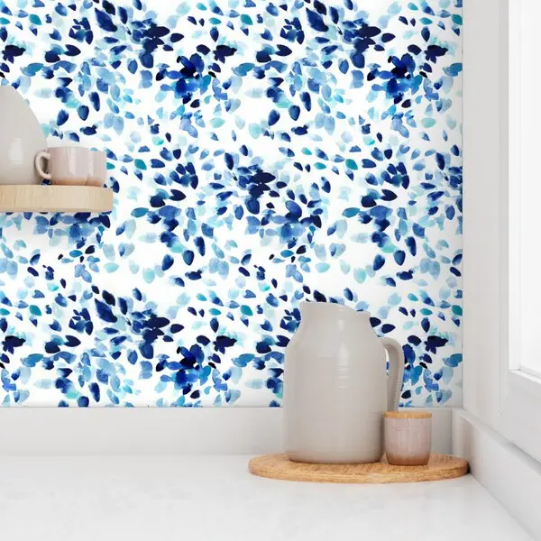Spoonflower Sunburst Abstract Leaves Navy Watercolor Custom Pre-pasted Wallpaper - Blue