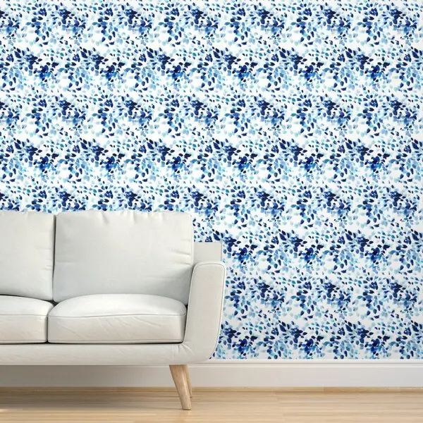 Spoonflower Sunburst Abstract Leaves Navy Watercolor Custom Pre-pasted Wallpaper - Blue