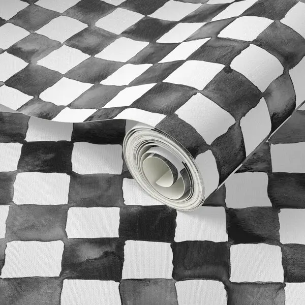Spoonflower Black And White Check Watercolor Checkerboard Custom Pre-pasted Wallpaper - White,black,gray