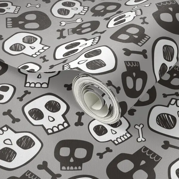 Spoonflower Skull Skulls Halloween Skeleton Fall Custom Removable Wallpaper - Black,white,gray