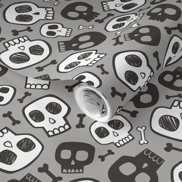 Spoonflower Skull Skulls Halloween Skeleton Fall Custom Removable Wallpaper - Black,white,gray