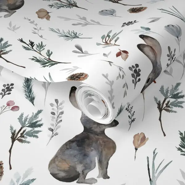 Spoonflower Woodland Bunnies White Custom Pre-pasted Wallpaper - White,blue,gray