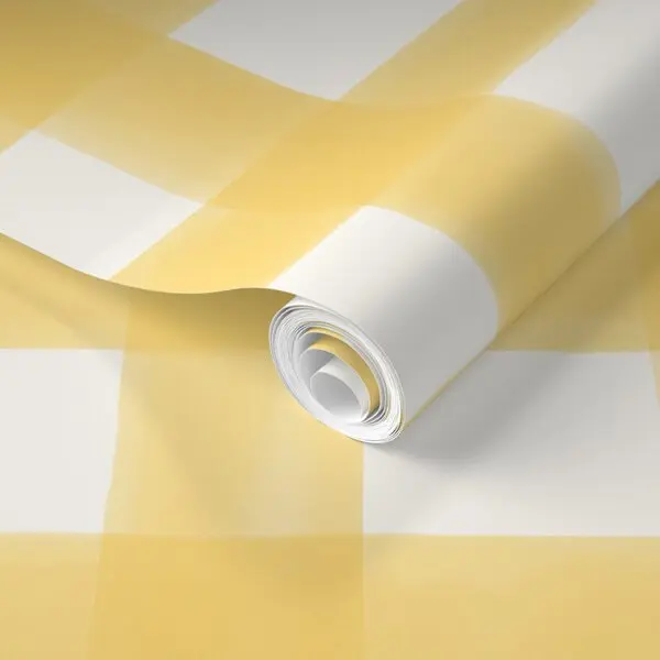 Spoonflower Vintage Yellow Butter Gingham Checks Watercolor Custom Pre-pasted Wallpaper - Yellow,white,brown
