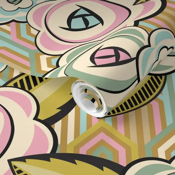 Spoonflower Art Deco Blossom Flowers Roses Leaves Vintage Custom Removable Wallpaper - Pink,green,gray