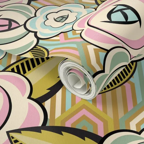 Spoonflower Art Deco Blossom Flowers Roses Leaves Vintage Custom Removable Wallpaper - Pink,green,gray