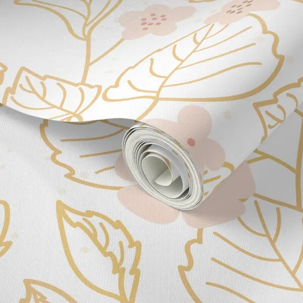 Spoonflower Pink Simple Floral Feminine Minimal Botanical Custom Pre-pasted Wallpaper - Pink,yellow,orange