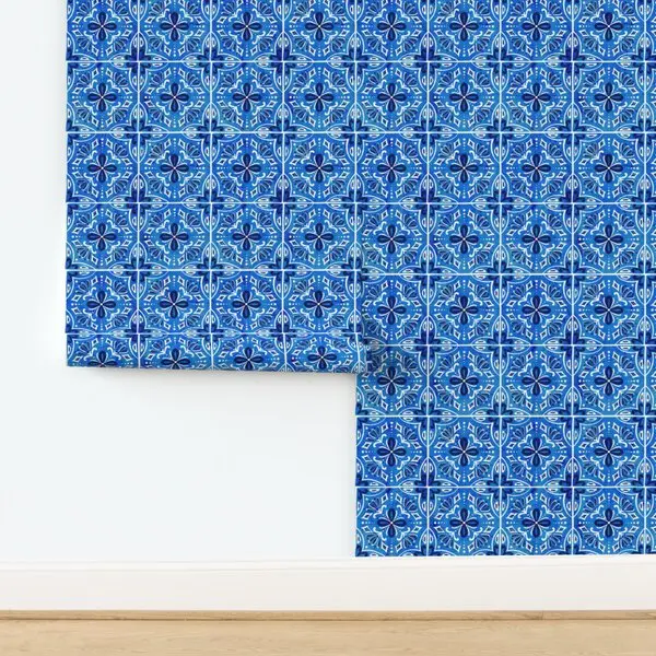 Spoonflower Spanish Tiles Tile Watercolor Geometric Custom Removable Wallpaper - Blue