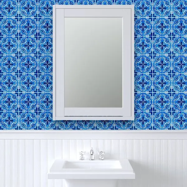 Spoonflower Spanish Tiles Tile Watercolor Geometric Custom Removable Wallpaper - Blue