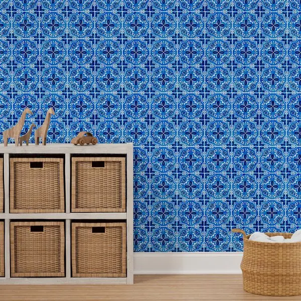 Spoonflower Spanish Tiles Tile Watercolor Geometric Custom Removable Wallpaper - Blue