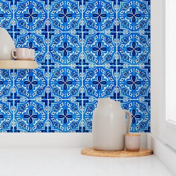 Spoonflower Spanish Tiles Tile Watercolor Geometric Custom Removable Wallpaper - Blue