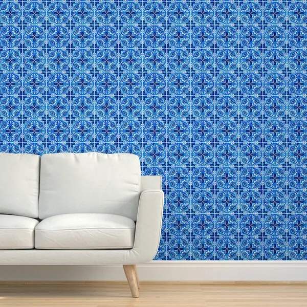 Spoonflower Spanish Tiles Tile Watercolor Geometric Custom Removable Wallpaper - Blue