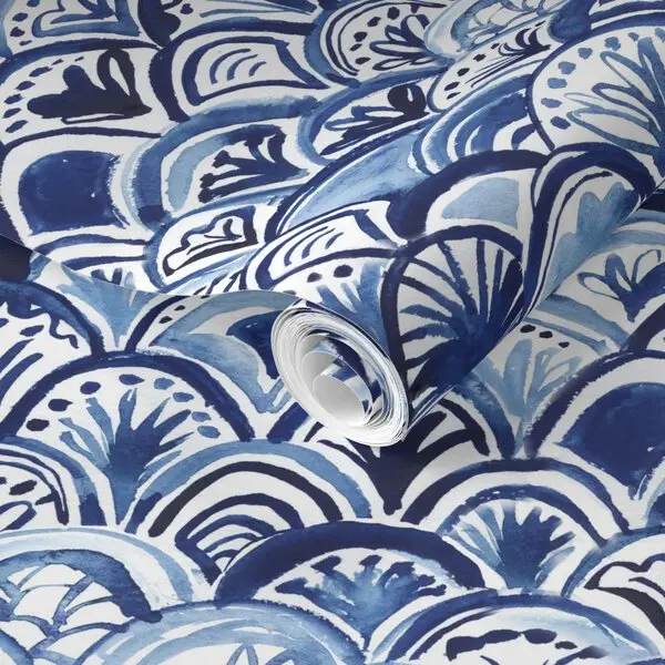 Spoonflower Geometric Decorative Scallop Painted Navy Custom Pre-pasted Wallpaper - Blue