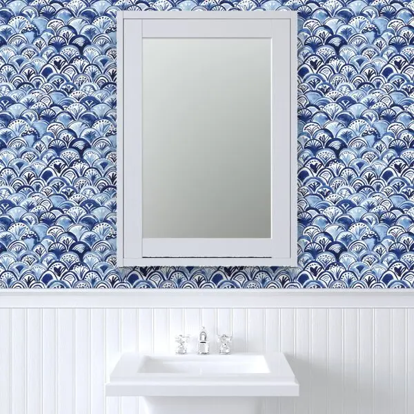Spoonflower Geometric Decorative Scallop Painted Navy Custom Pre-pasted Wallpaper - Blue