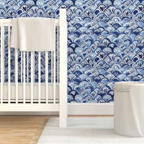 Spoonflower Geometric Decorative Scallop Painted Navy Custom Pre-pasted Wallpaper - Blue