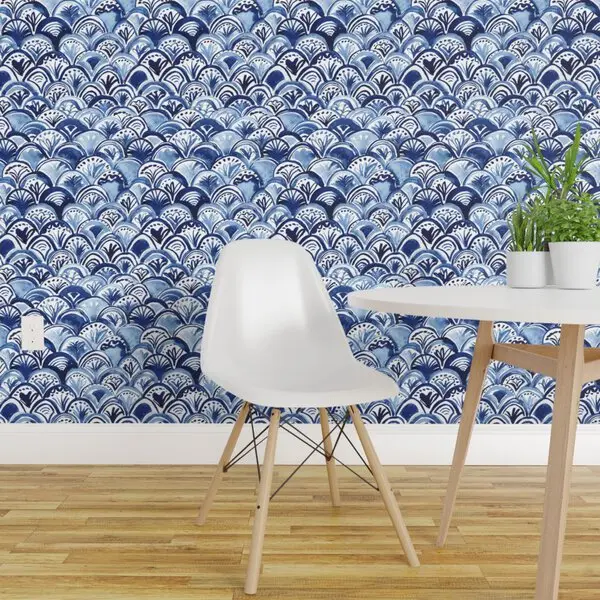Spoonflower Geometric Decorative Scallop Painted Navy Custom Pre-pasted Wallpaper - Blue