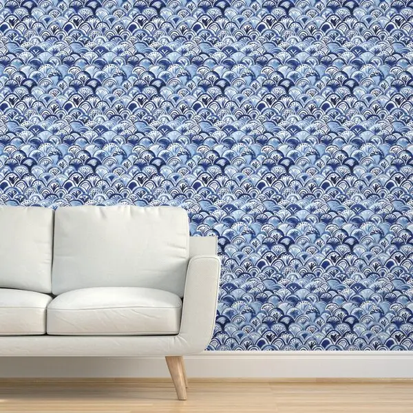 Spoonflower Geometric Decorative Scallop Painted Navy Custom Pre-pasted Wallpaper - Blue