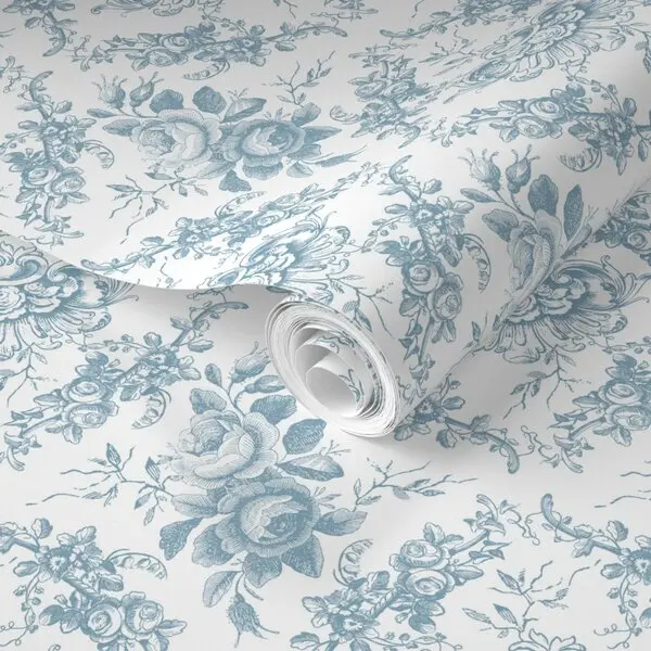 Spoonflower Roses Toile Monochrome Vintage Blue Floral Custom Removable Wallpaper - Blue,gray
