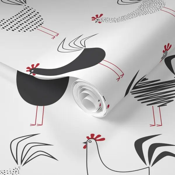 Spoonflower Black White Feather Kitchen Rooster Farm Tea Custom Removable Wallpaper - Purple,gray