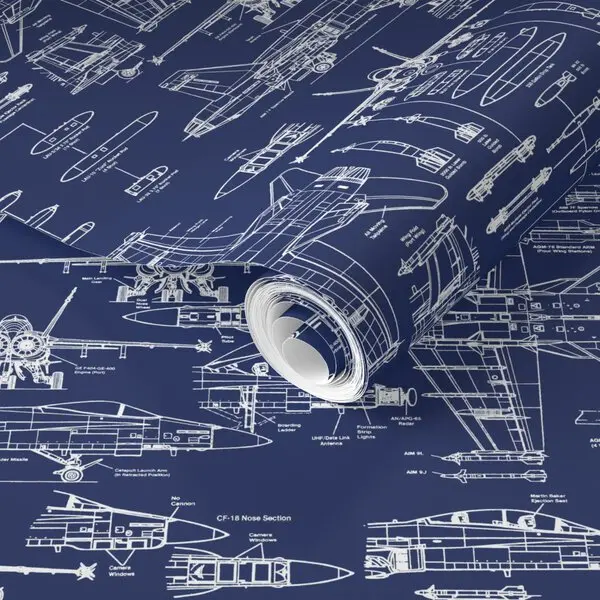 Spoonflower Blueprints Fighter Jet Engineer Technology Custom Pre-pasted Wallpaper - Blue