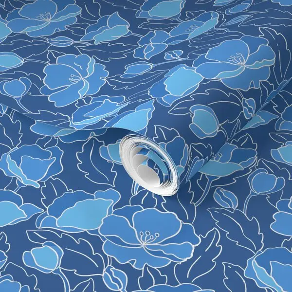 Spoonflower Flowers Spring Summer Watercolor Allover Custom Pre-pasted Wallpaper - Blue